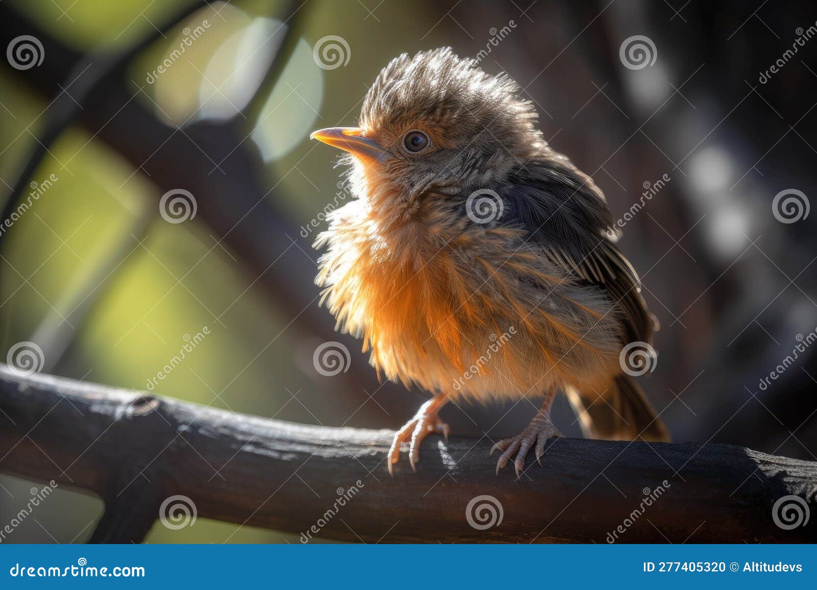 Baby Bird Perched on Tree Branch, Its Orange Feathers Shining in the ...