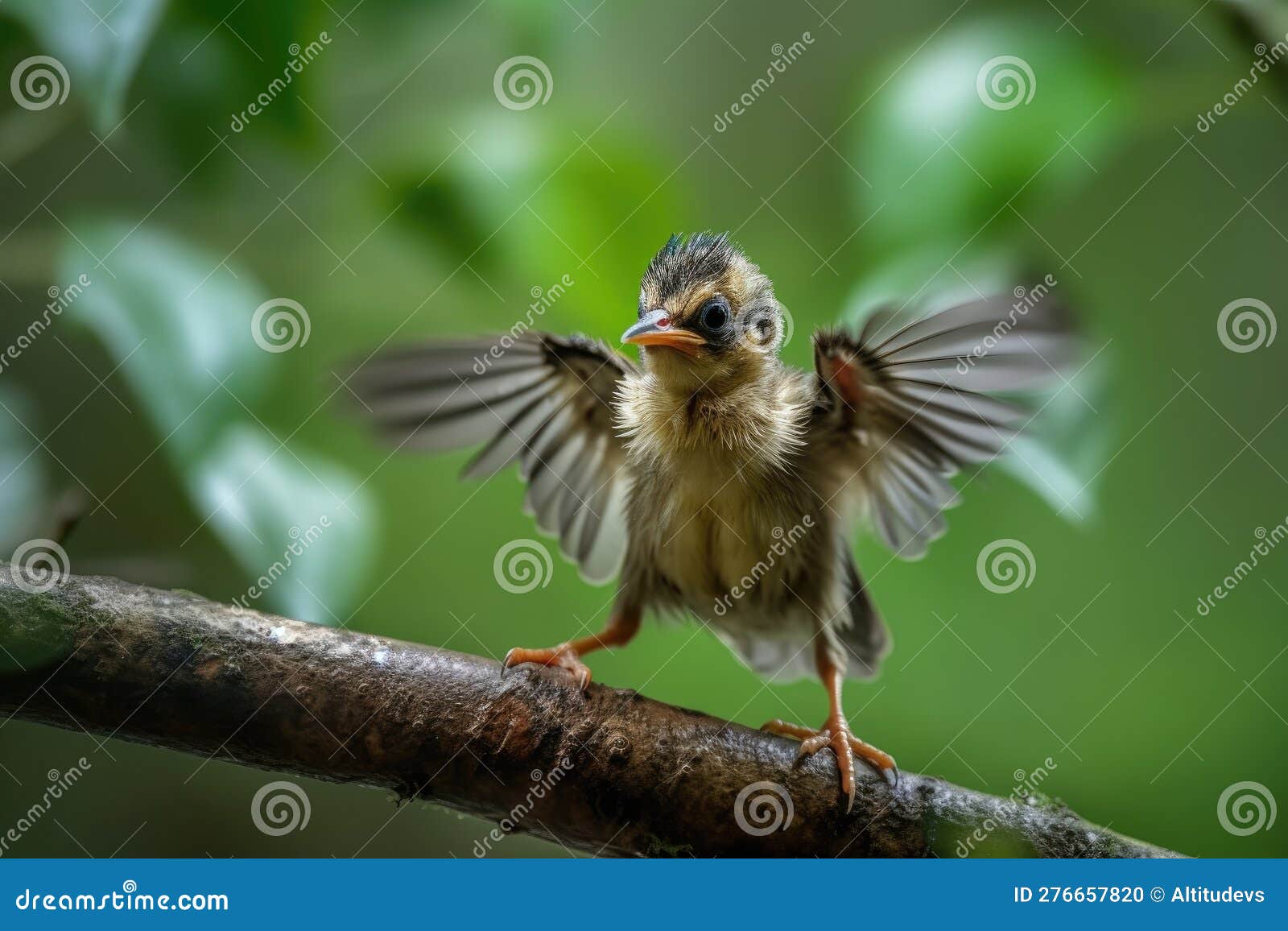 Baby Bird Taking Its First Flight, Spreading Its Wings Stock Photo ...