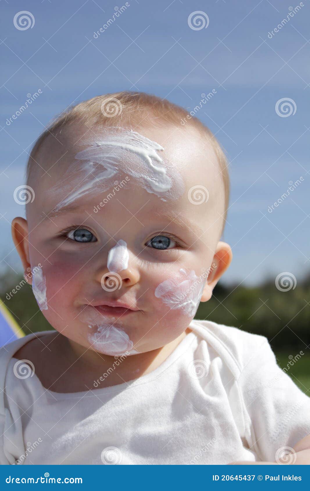 Baby in blotchy suncream stock image. Image of smiling - 20645437