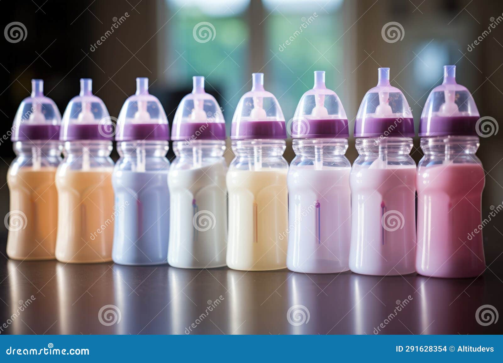 Baby Bottles Ready for Feeding in a Lined-up Row Stock Photo - Image of ...
