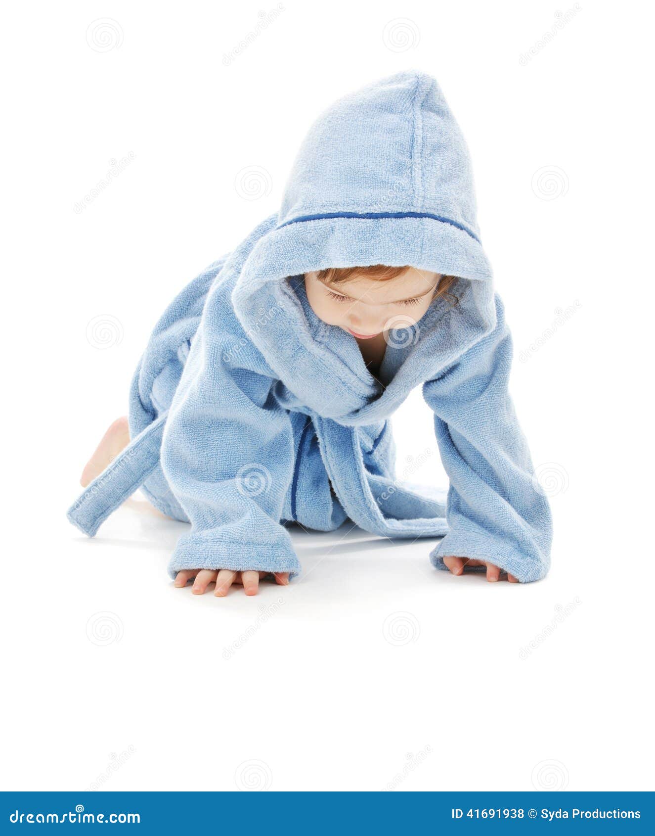 Baby boy in blue robe stock photo. Image of crawling - 41691938