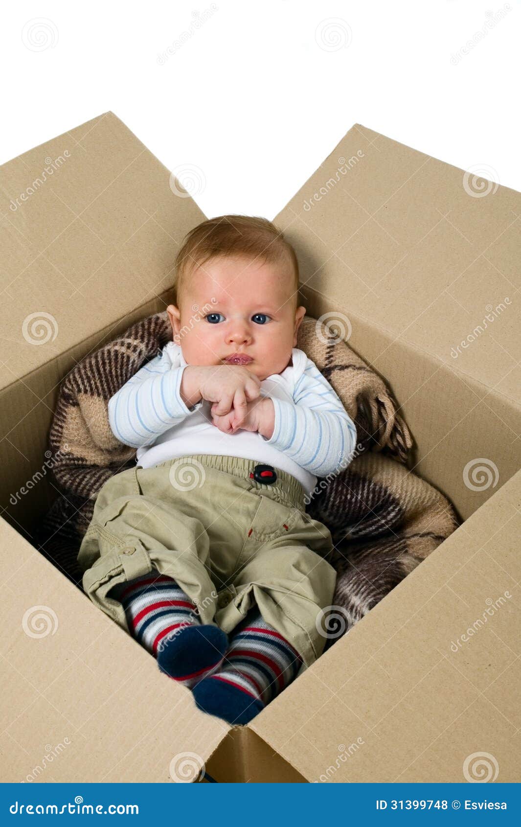 Baby boy in the box stock photo. Image of pants, childhood - 31399748