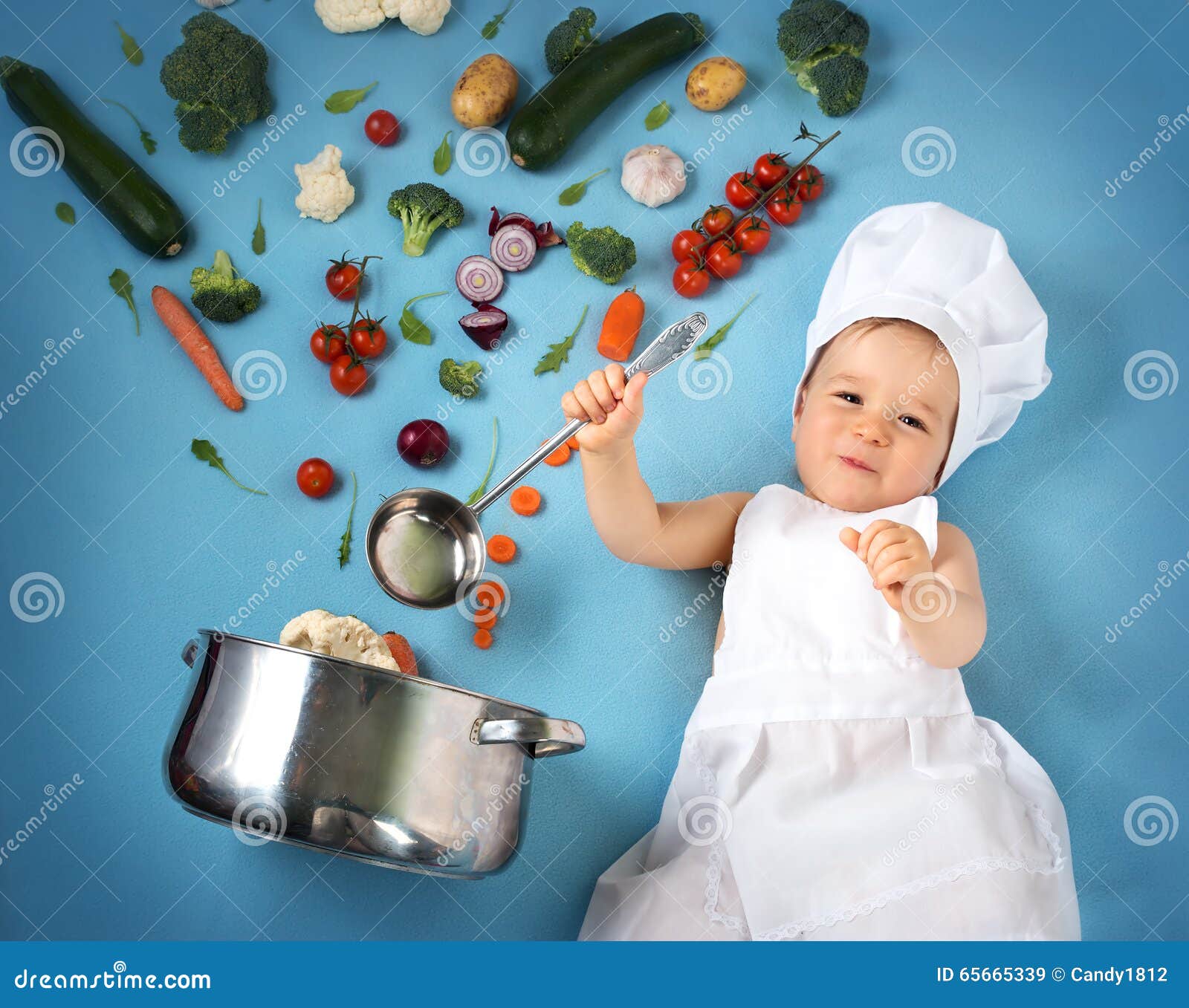Baby Boy in Chef Hat with Cooking Pan and Vegetables Stock Image ...