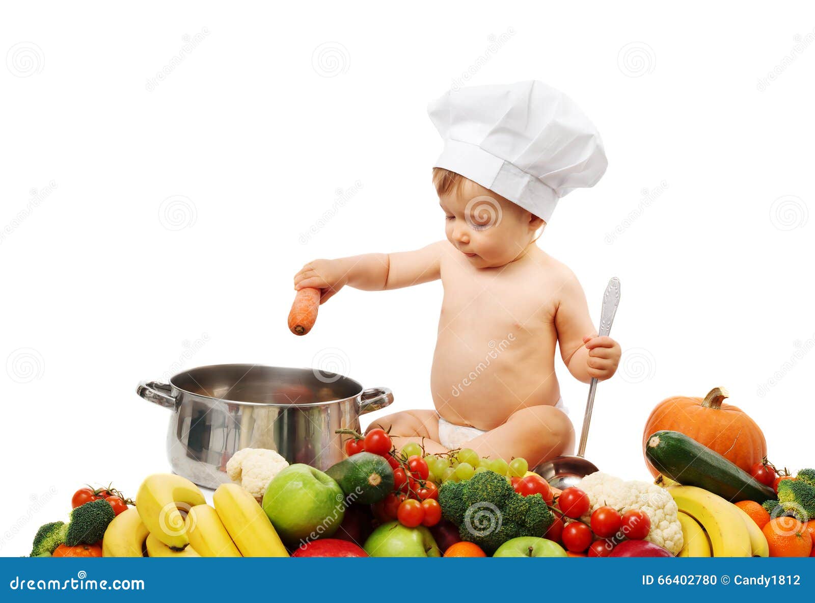 Baby Boy in Chef Hat with Cooking Pan and Vegetables Stock Photo ...