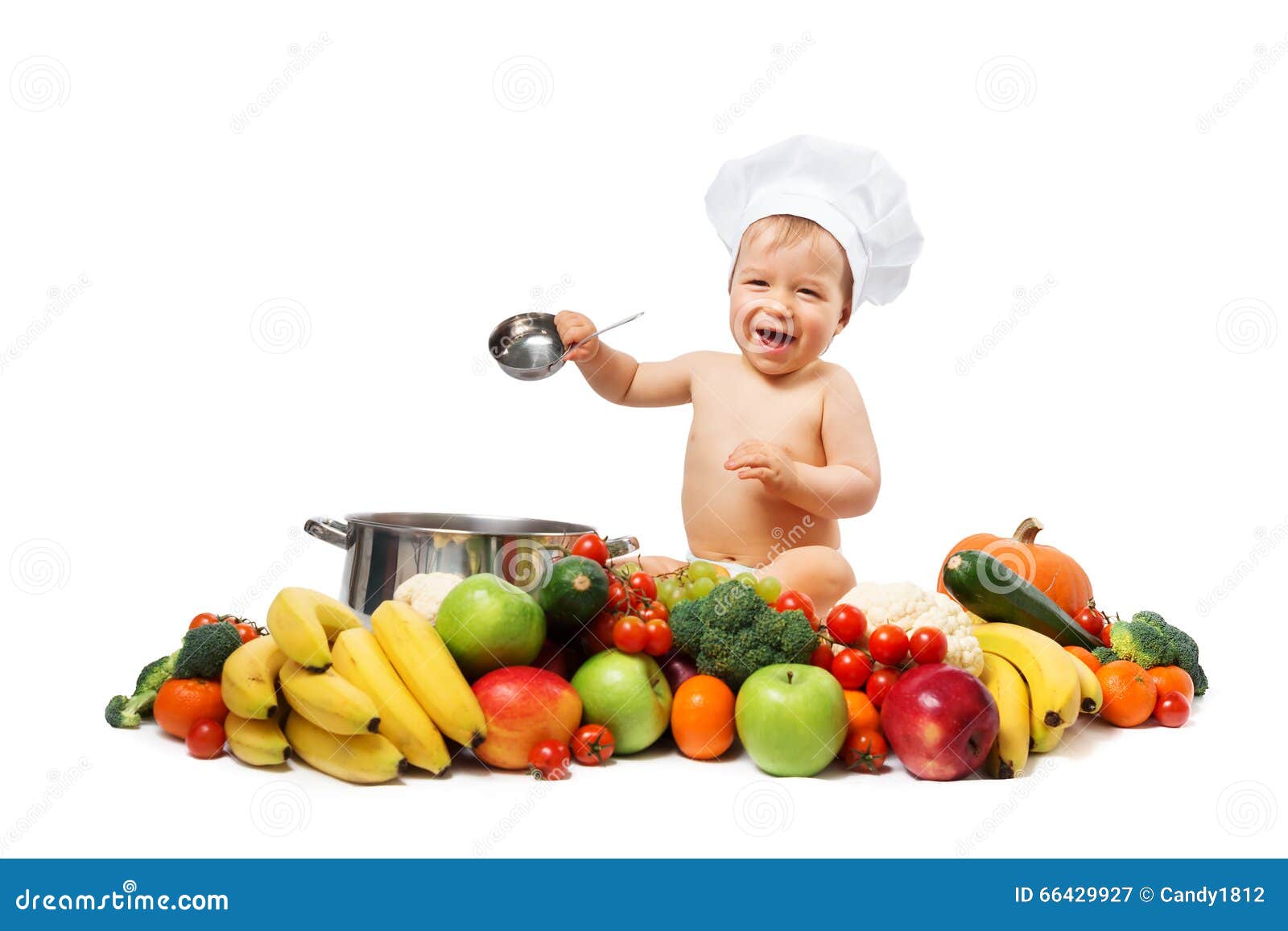 Baby Boy in Chef Hat with Cooking Pan and Vegetables Stock Image ...