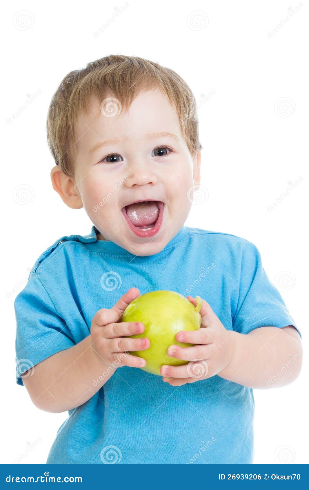Baby Boy Eating Green Apple, Isolated on White Stock Photo - Image of ...