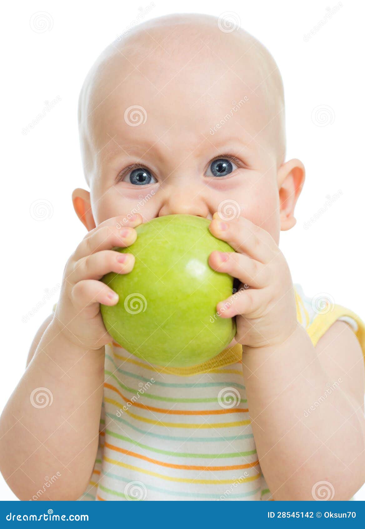Baby Boy Eating Green Apple, Isolated on White Stock Photo - Image of ...