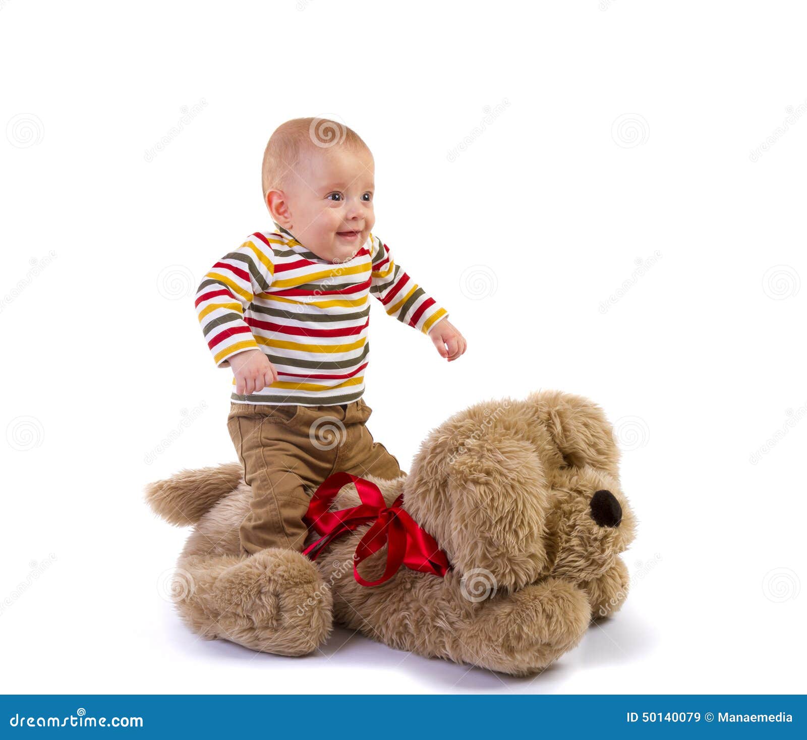 Baby Boy Jumps on Plush Dog Stock Image - Image of style, jump: 50140079