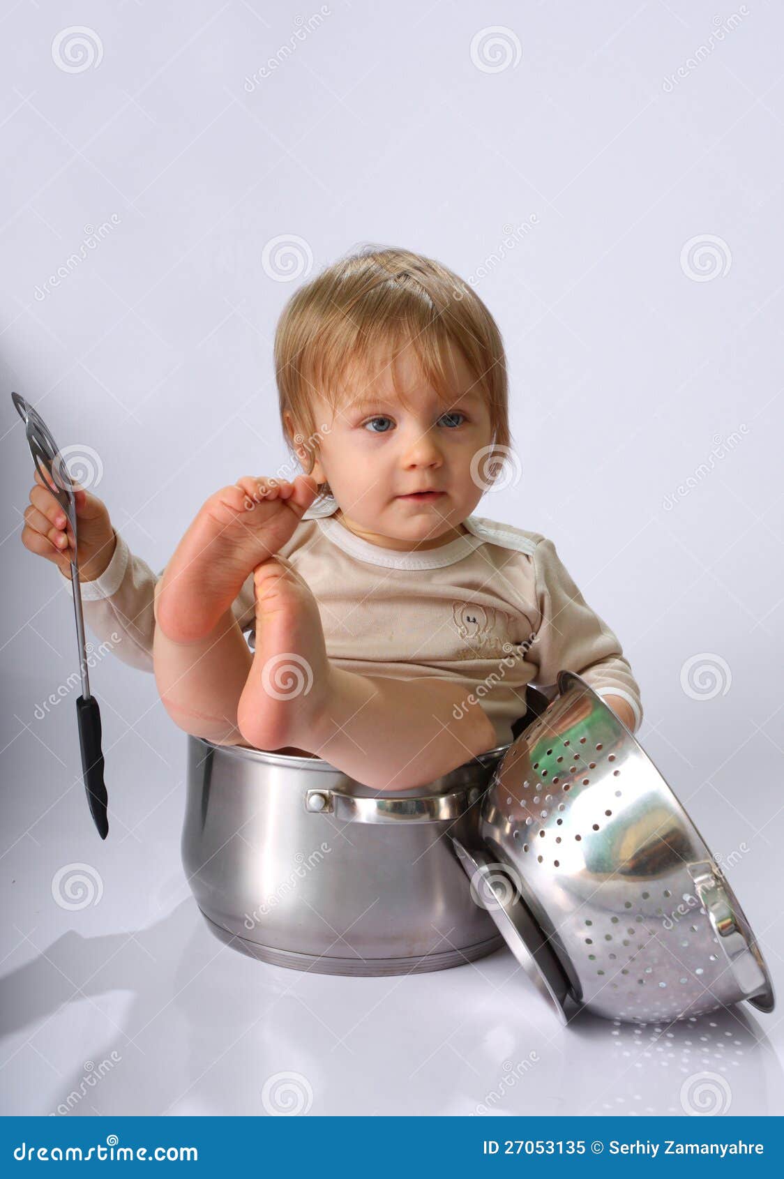 Baby Boy in the Kitchen Pan Stock Image - Image of chrome, boys: 27053135