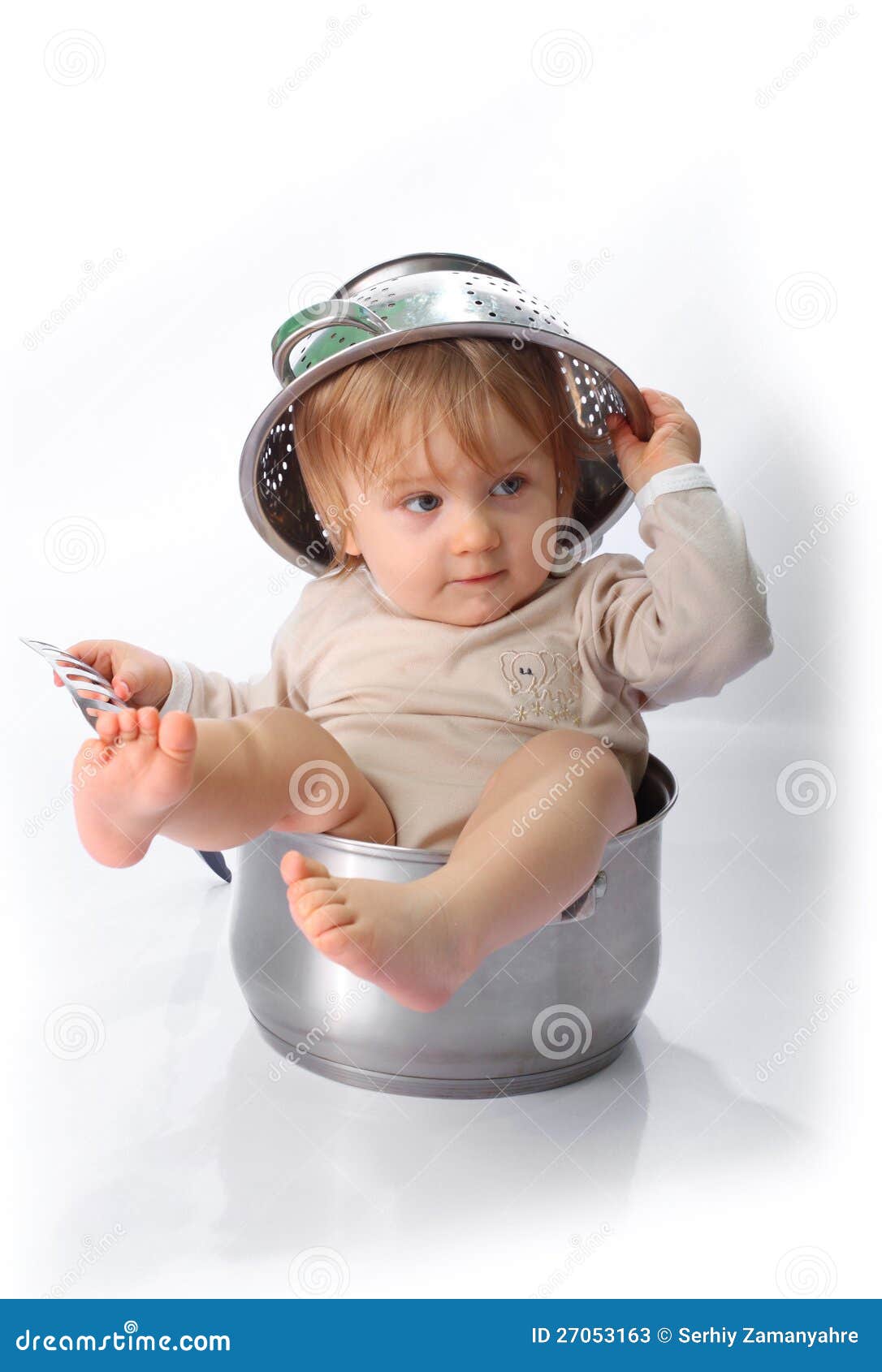 Baby Boy in the Kitchen Pan Stock Image - Image of chrome, colander ...