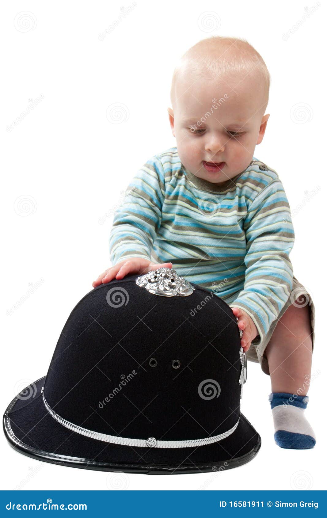 Baby Boy Playing with Police Helmet Stock Image - Image of child ...