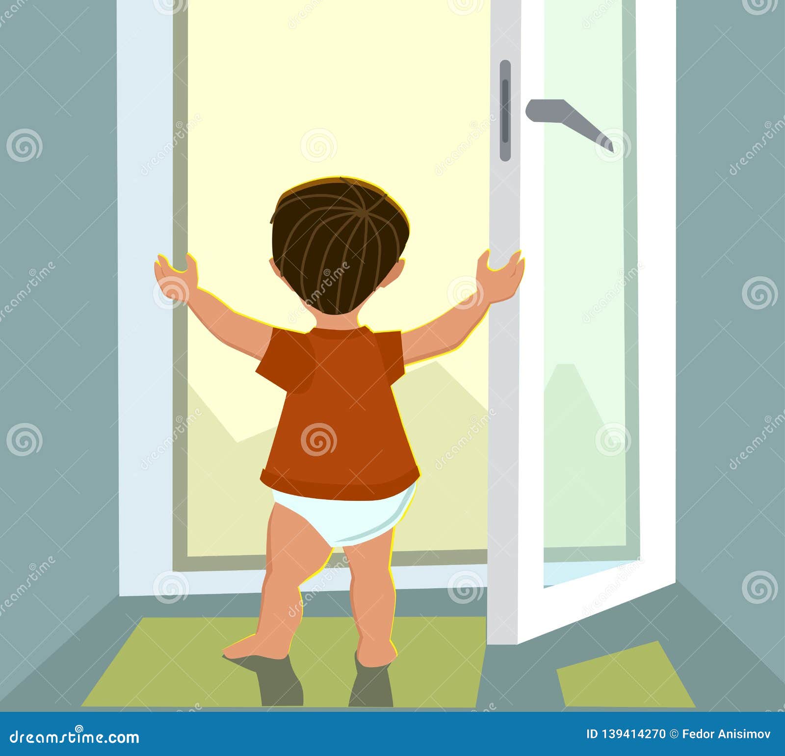 Baby Boy Pulling by the Window Handle. Concept of Child in Danger Stock ...