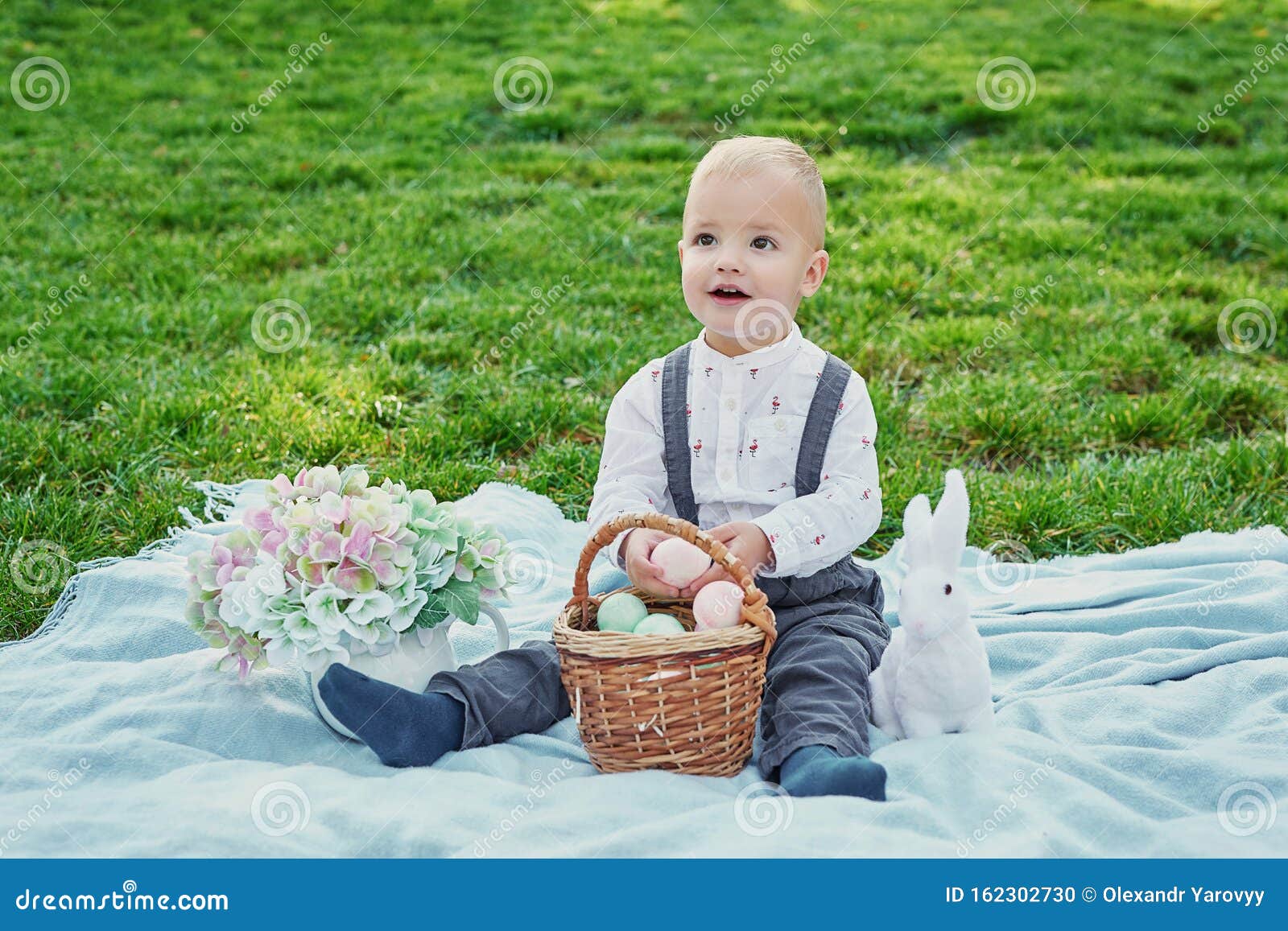 Baby Boy with Rabbit and Eggs Stock Photo - Image of festive, little ...