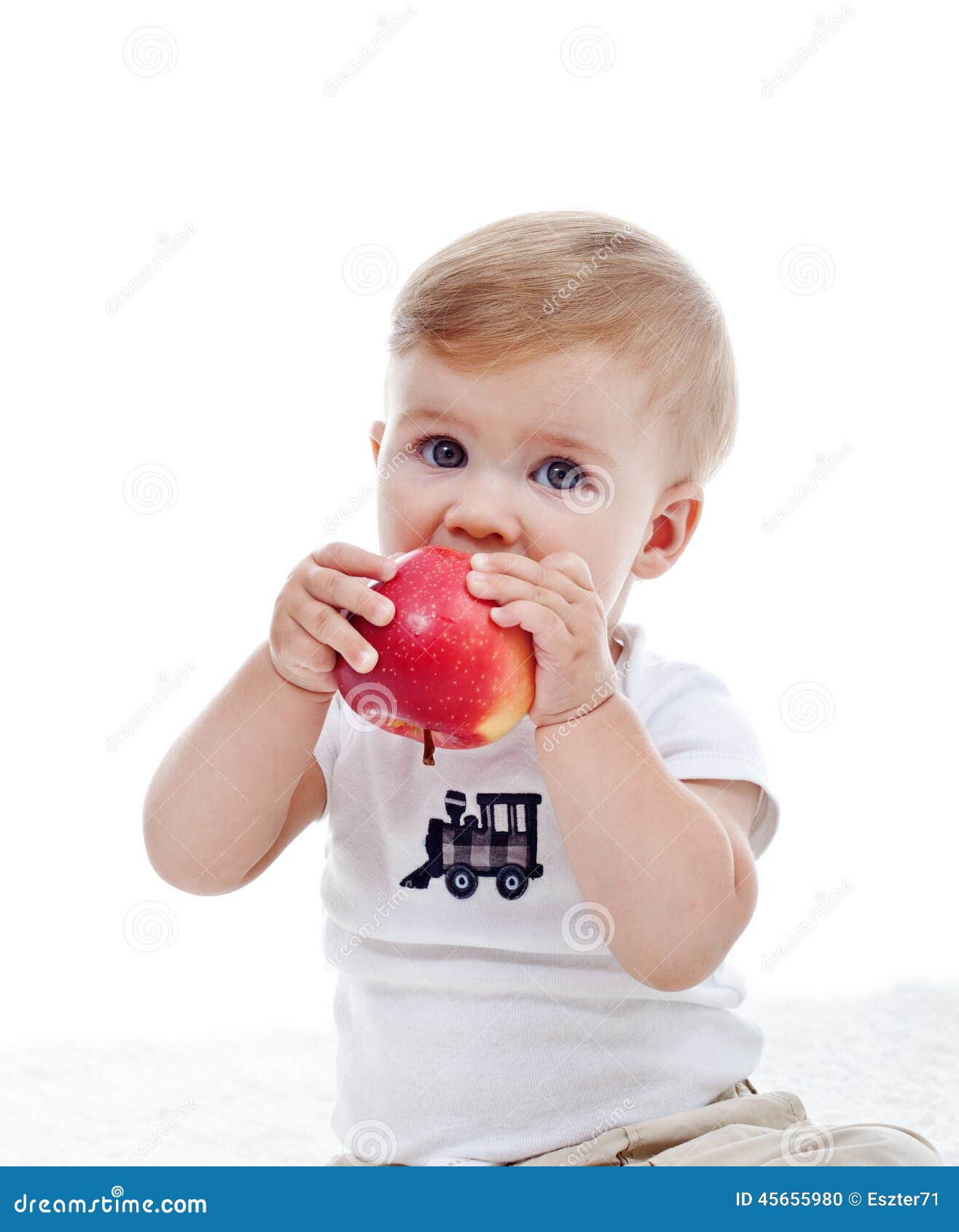 Baby boy with red apple stock photo. Image of male, caucasian - 45655980