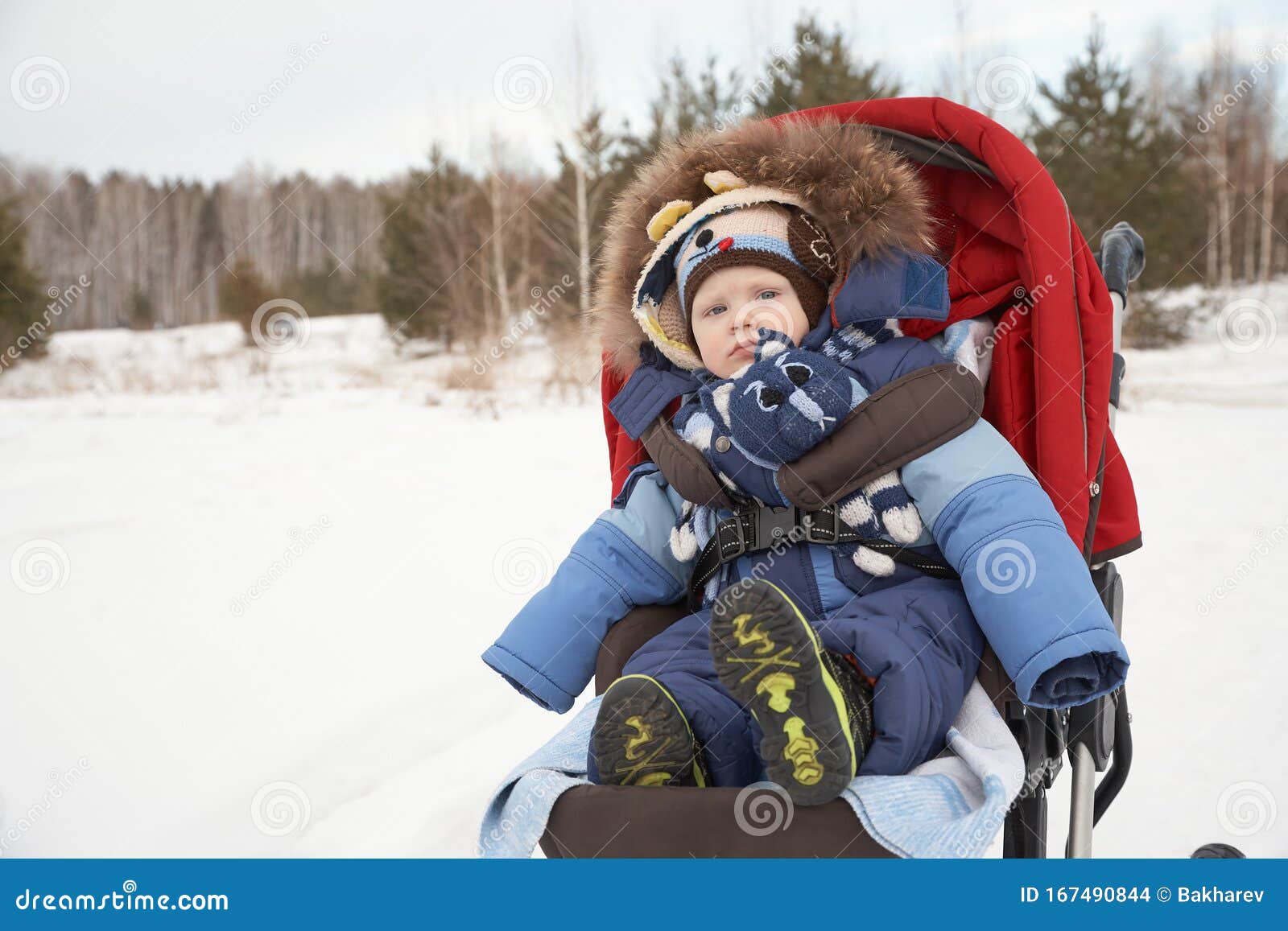 Baby Boy Sitting in a Stroller in Winter Outdoors. Stock Photo - Image ...