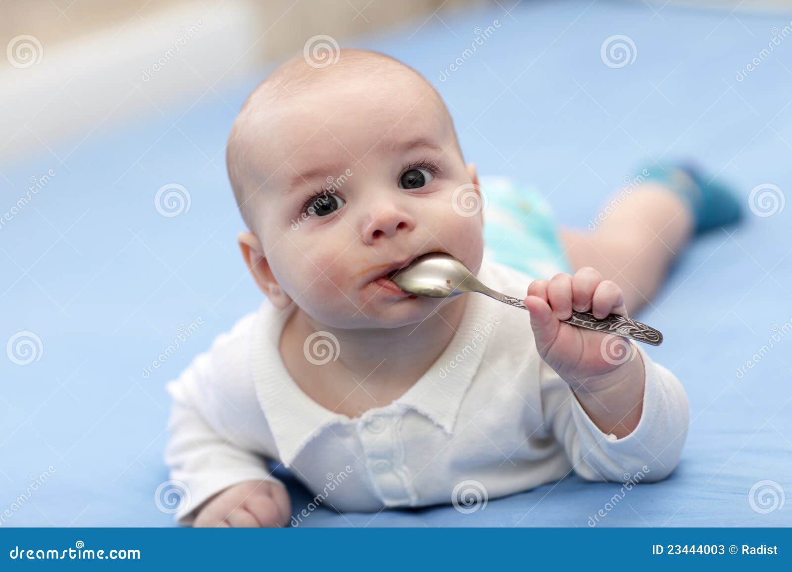 Baby boy with spoon stock image. Image of head, baby - 23444003