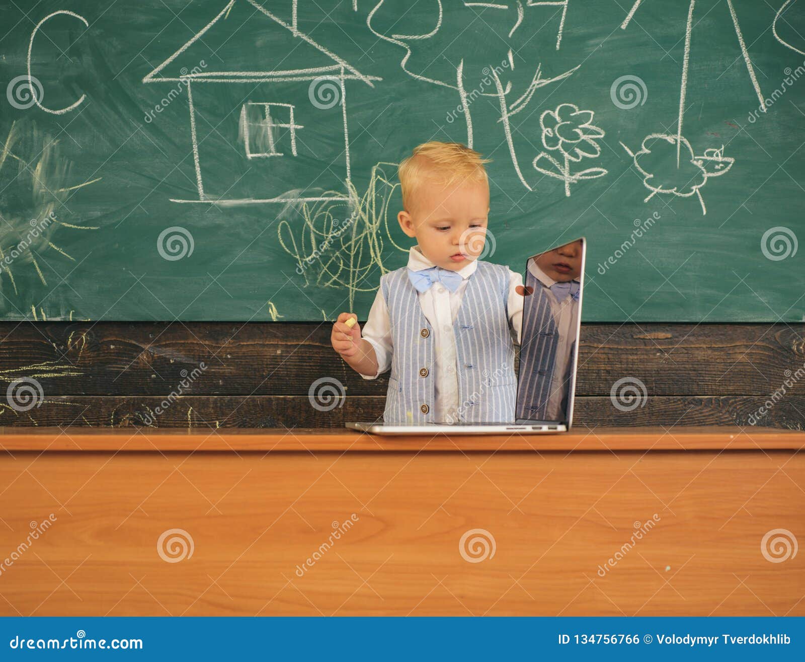 Baby Boy Use Wireless Internet in Computer Class. Developing Digital ...