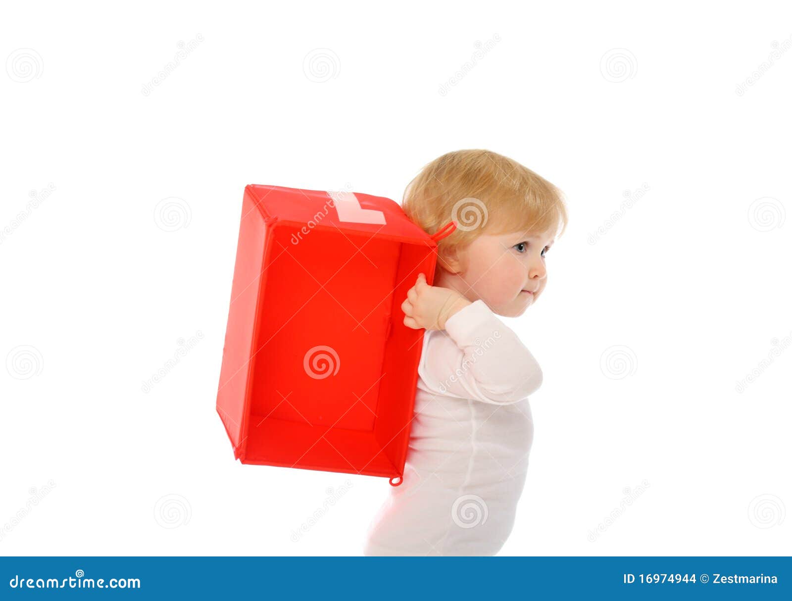 A Baby Carring Red Box Isolated on White Stock Photo - Image of child ...