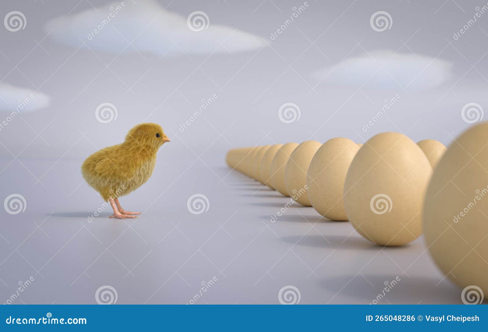 A Baby Chicken Stands in Front of Egss. Leadership Concept, 3d ...
