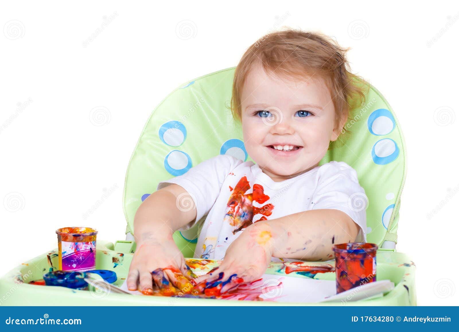 Baby Child Creates Art with Paints Stock Photo - Image of blonde ...