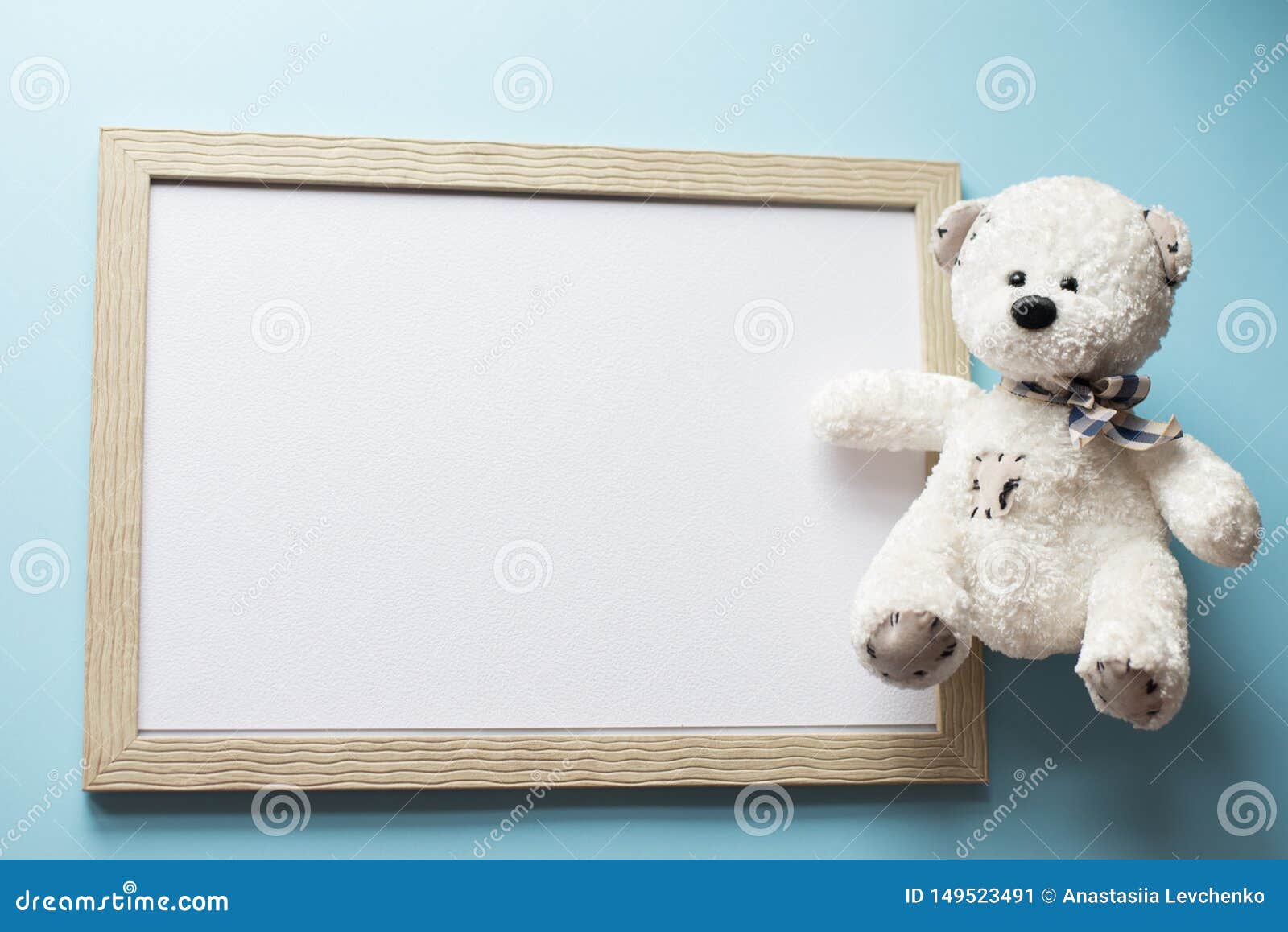 Baby , Child Frame and White Teddy Bear on Blue Background Stock Image ...