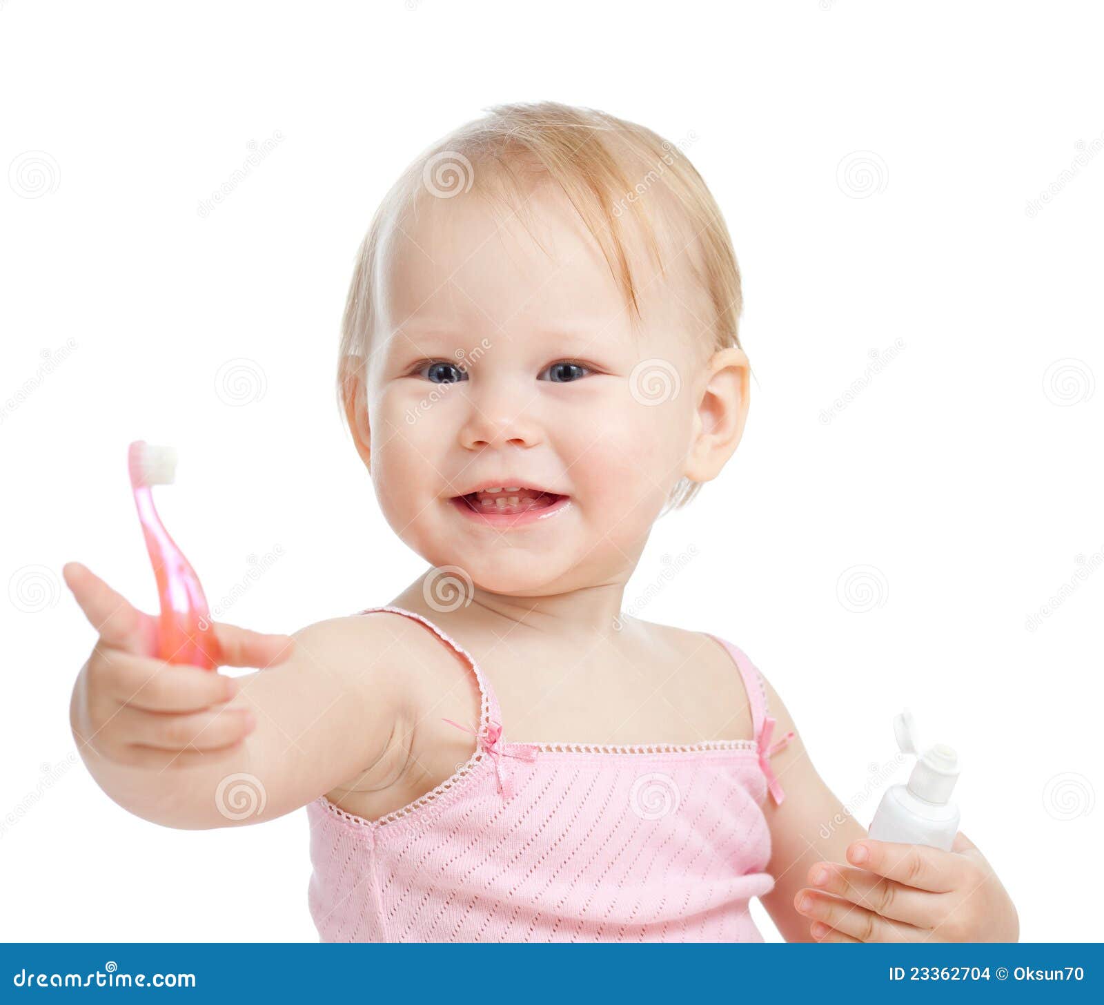 Baby Cleaning Teeth and Smiling, Isolated on White Stock Photo - Image ...