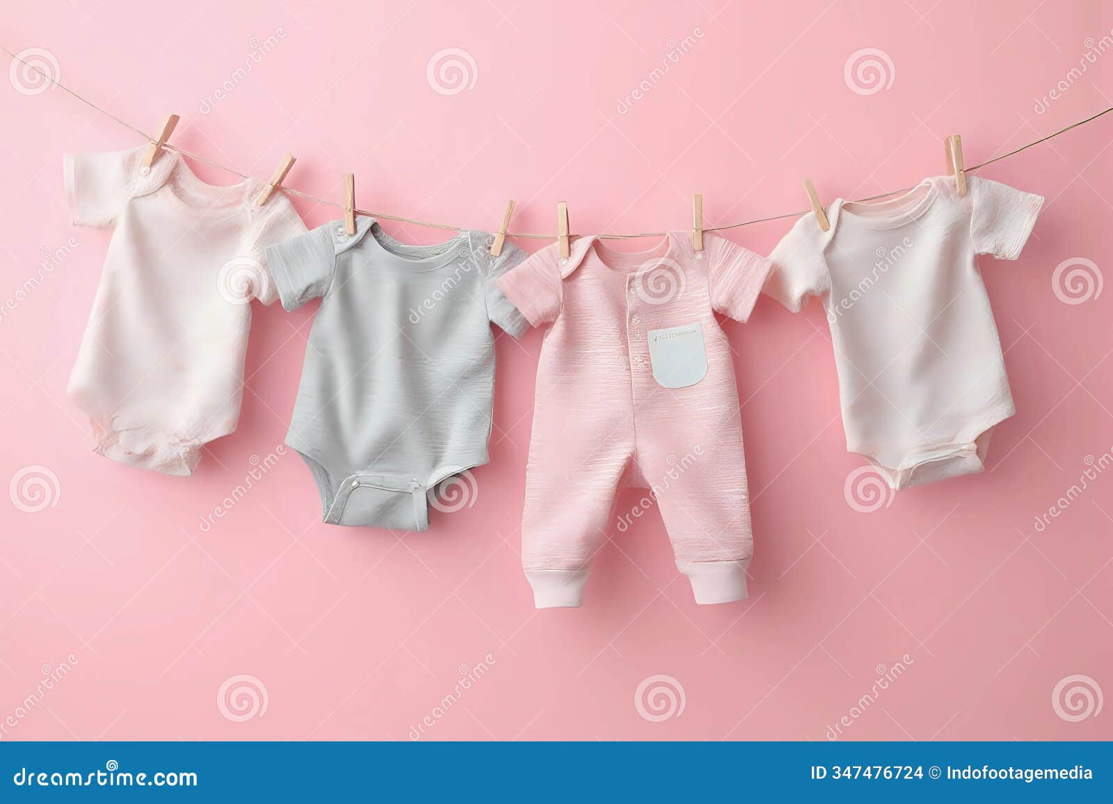 Baby Clothes Hanging on Rope on Pink Background Stock Illustration ...
