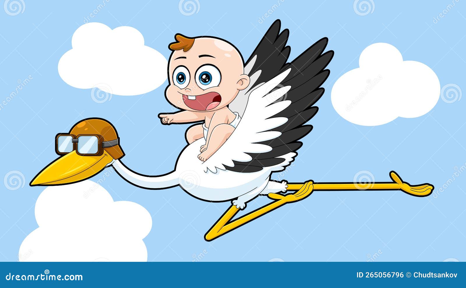 Cute Baby Boy Flying on Top of a Stork Cartoon Characters Stock Vector ...