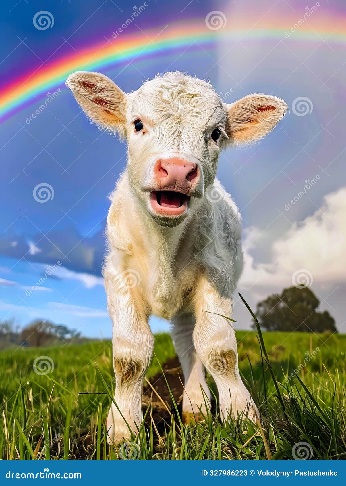 A Baby Cow Standing in a Field with a Rainbow Stock Image - Image of ...
