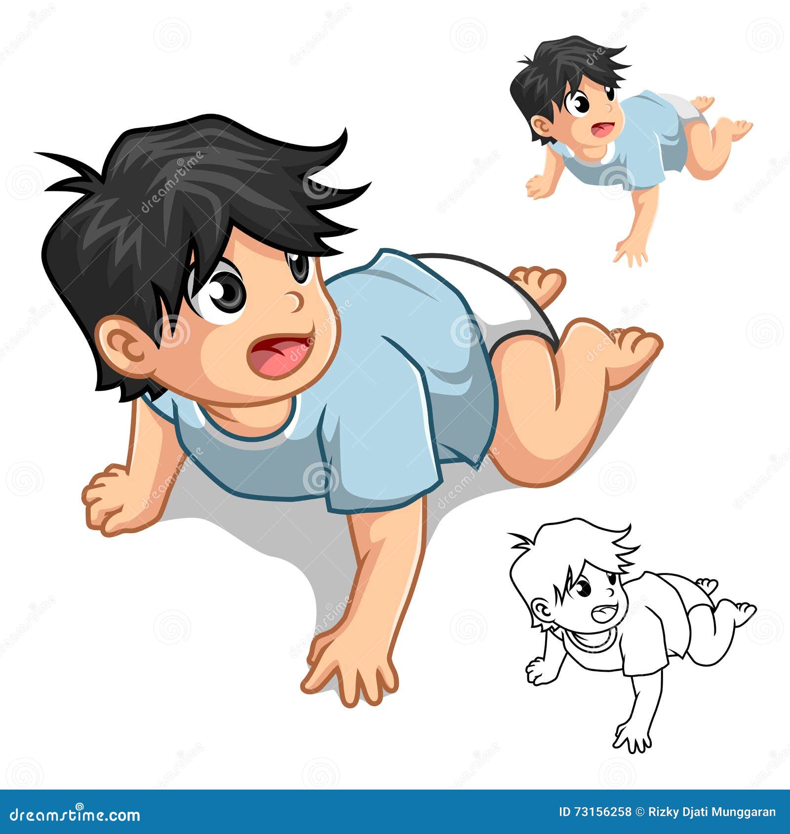 Baby Crawling Cartoon Character Include Flat Design and Outline Version ...