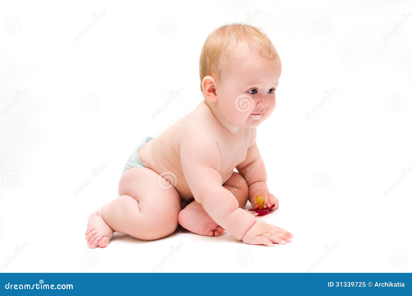 Baby Crawling with a Pacifier in His Hands Stock Image - Image of skin ...