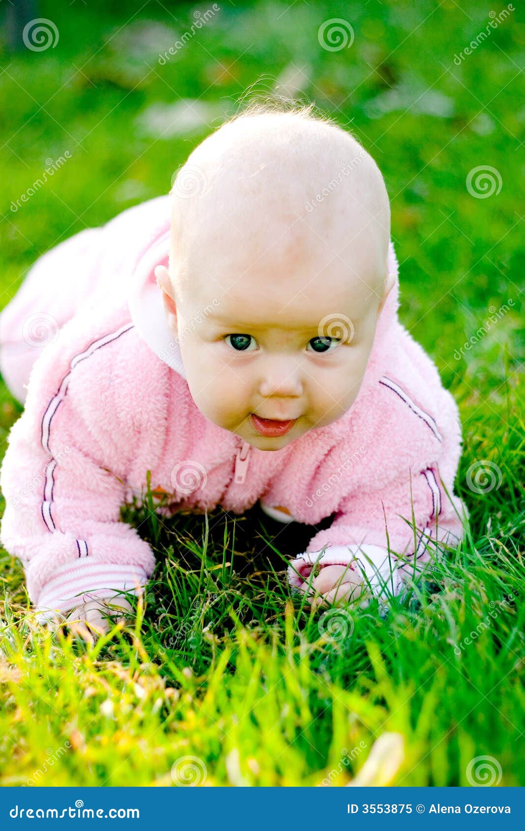 Baby Is Creeping On All Fours, Looking And Smiling Stock Photography ...