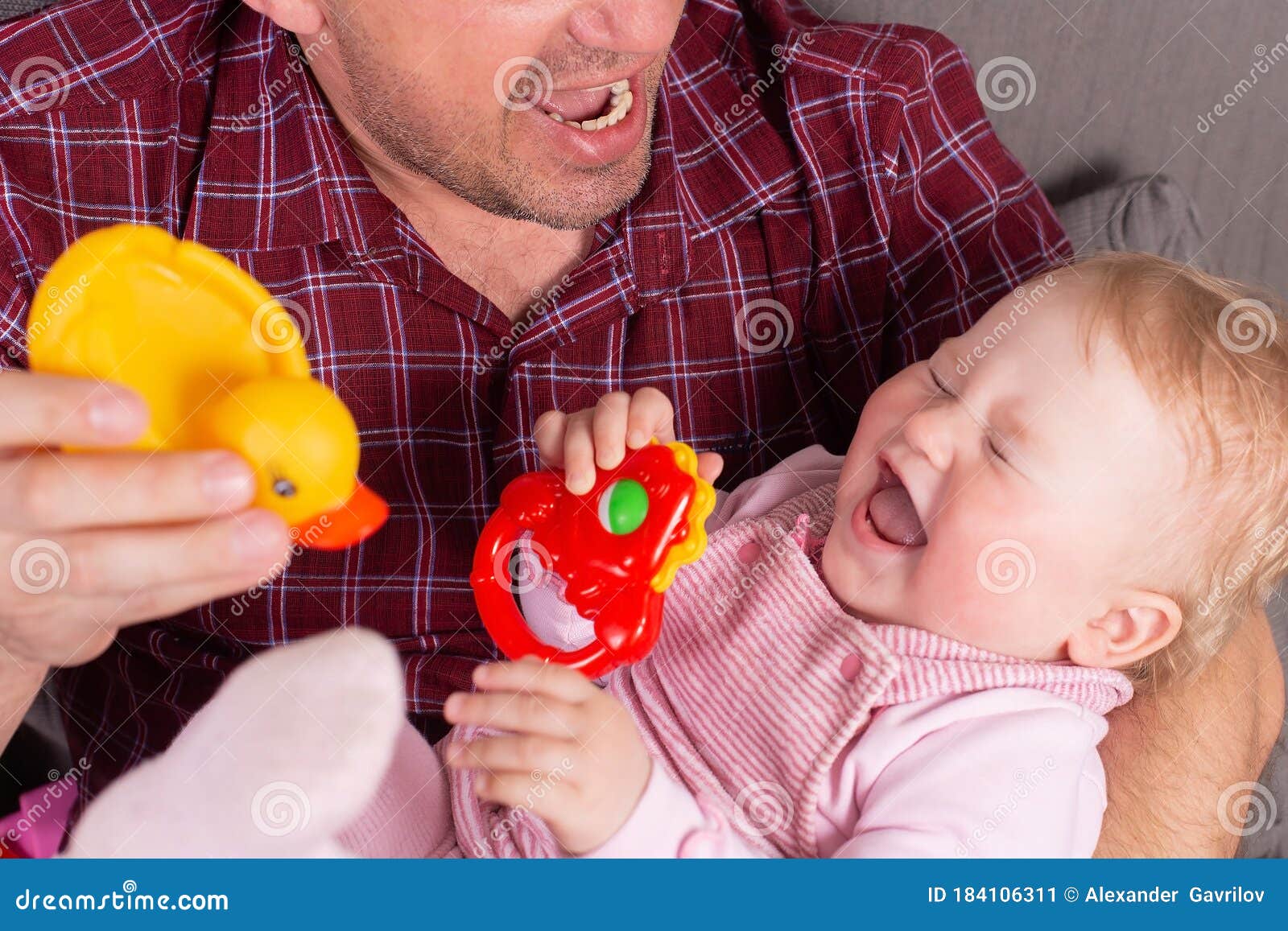 Baby And Daddy Dream Of Becoming A Pilot. Child Sits On Father`s Neck ...