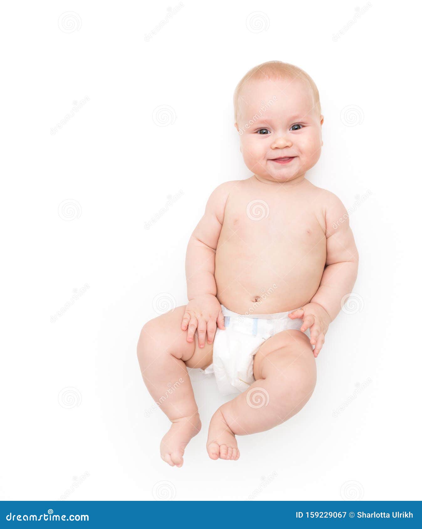 Baby in Diaper on White Background Smile Stock Image - Image of joyful ...