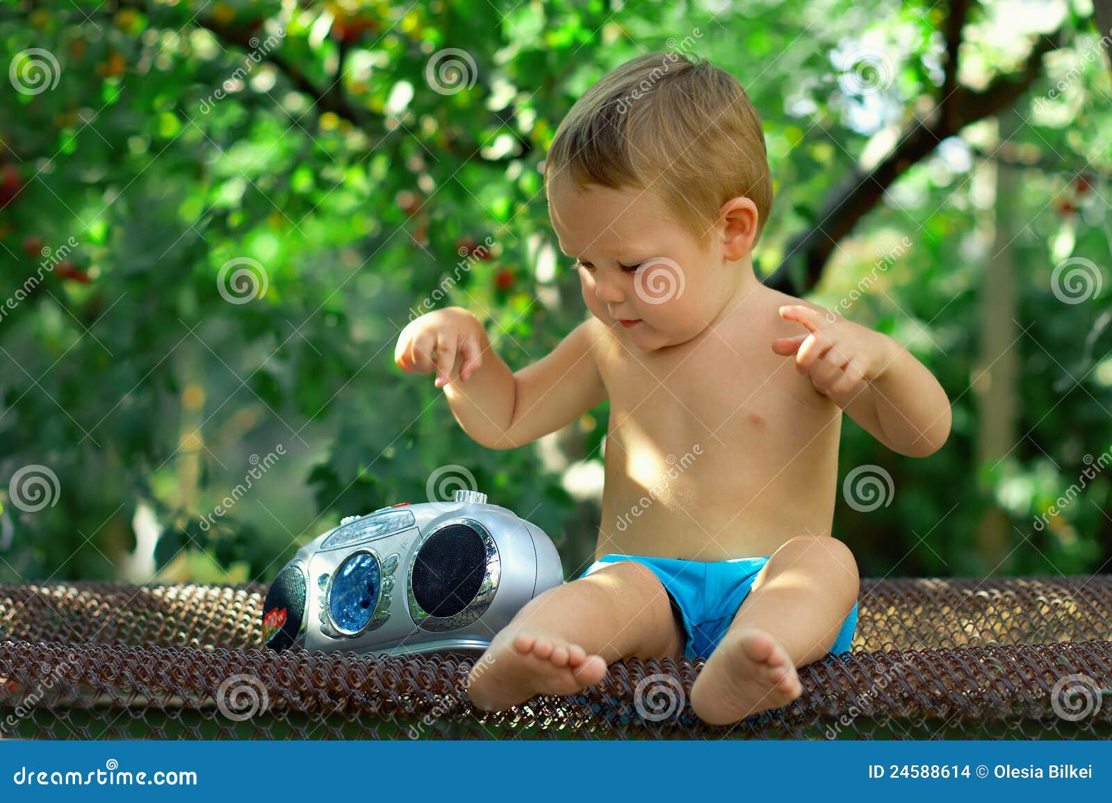 Baby DJ Playing with Retro Recorder in Garden Stock Photo - Image of ...