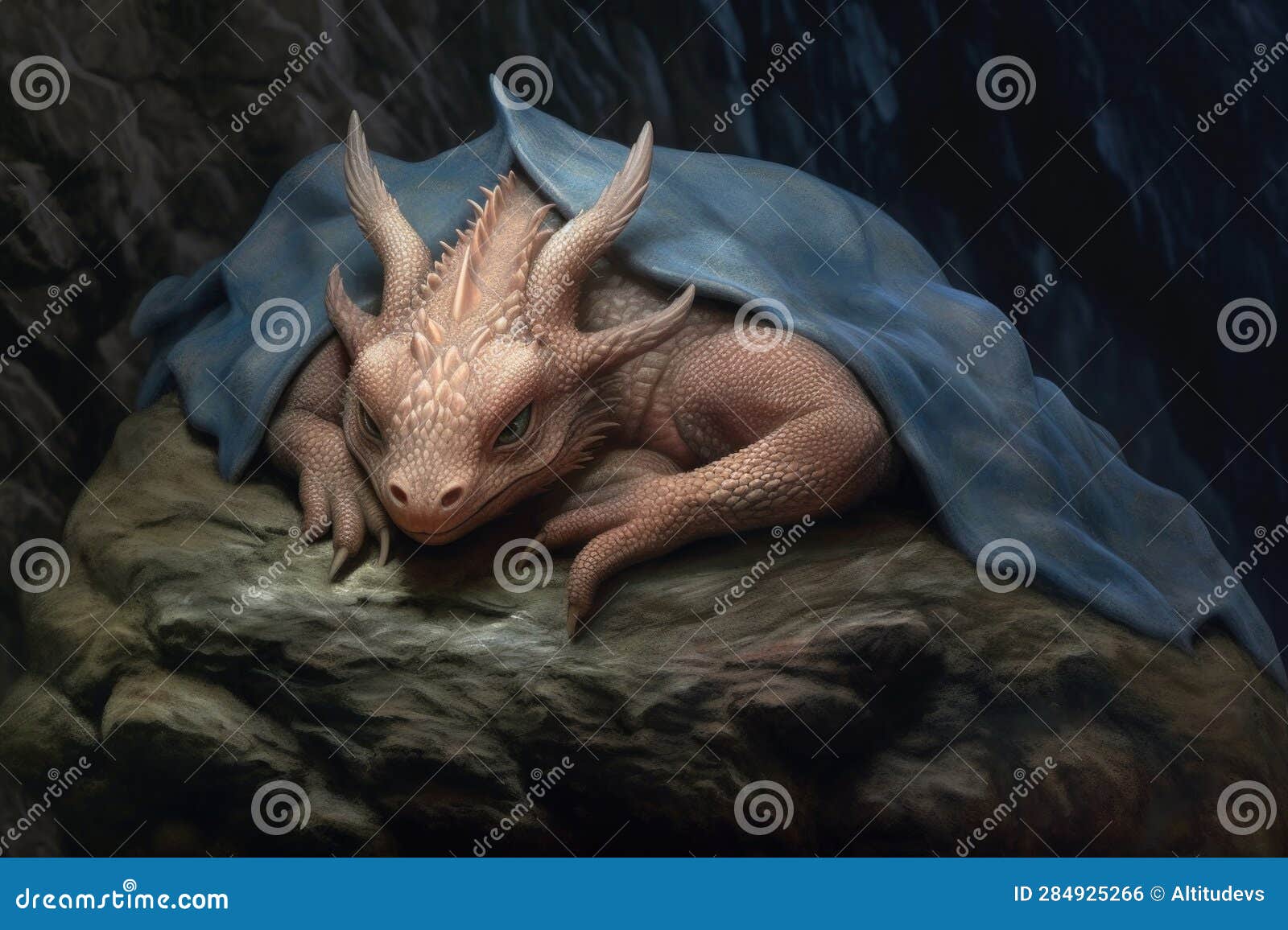 Baby Dragon Curled Up Sleeping on a Rock Stock Photo - Image of ...