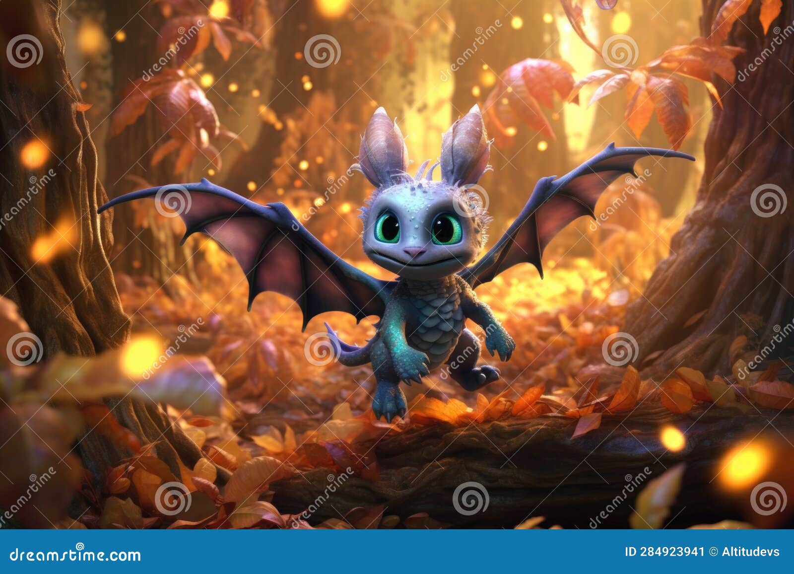 Baby Dragon Flying through a Magical Forest Stock Illustration ...