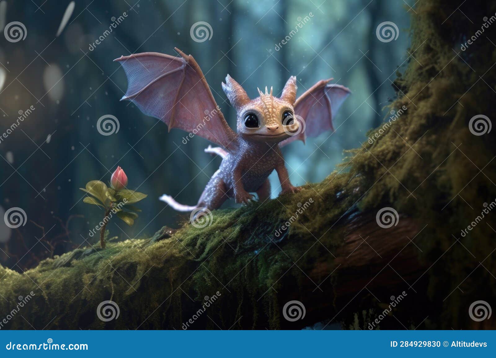 Baby Dragon Flying through a Magical Forest Stock Photo - Image of ...