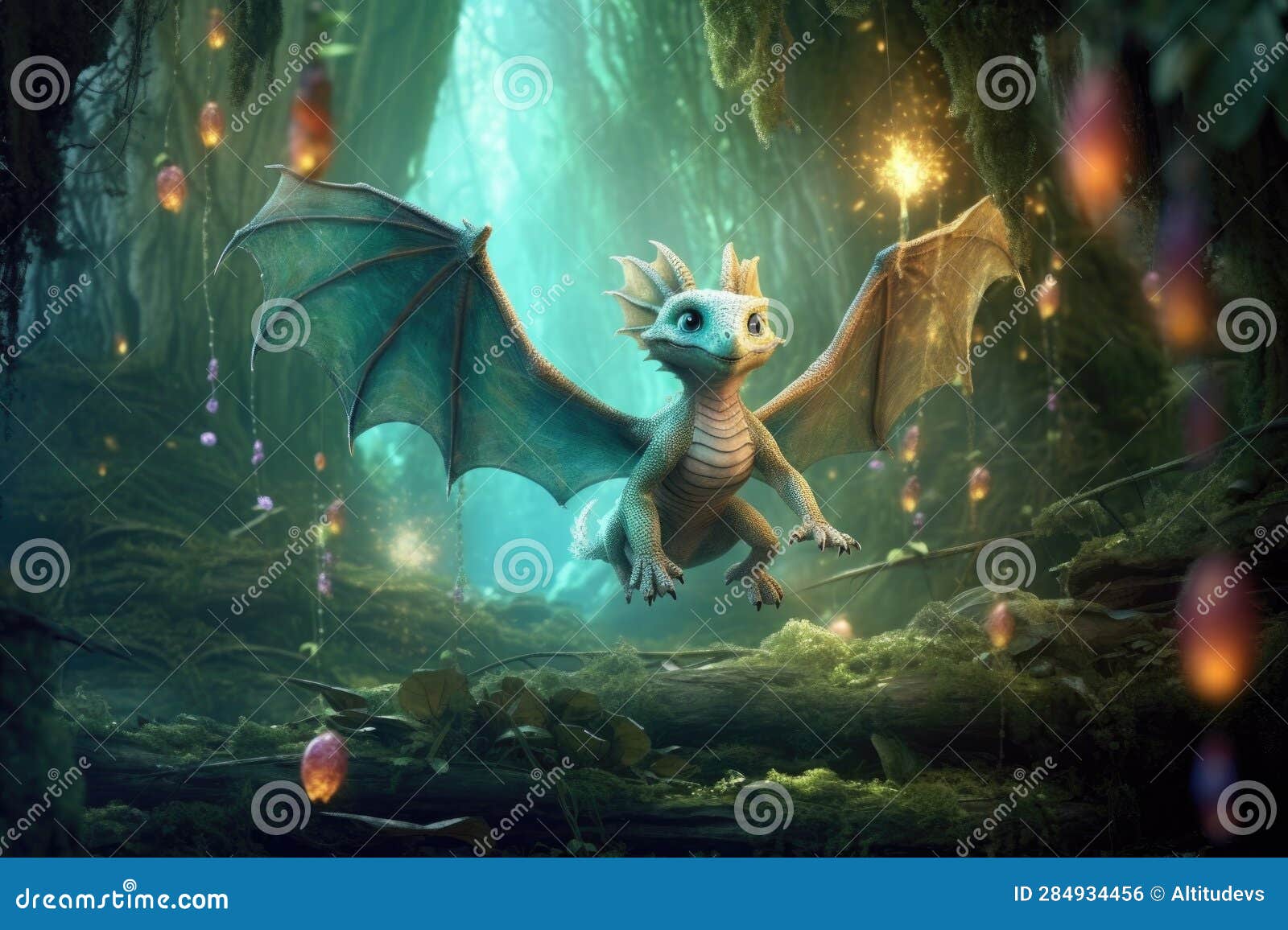 Baby Dragon Flying through a Magical Forest Stock Illustration ...