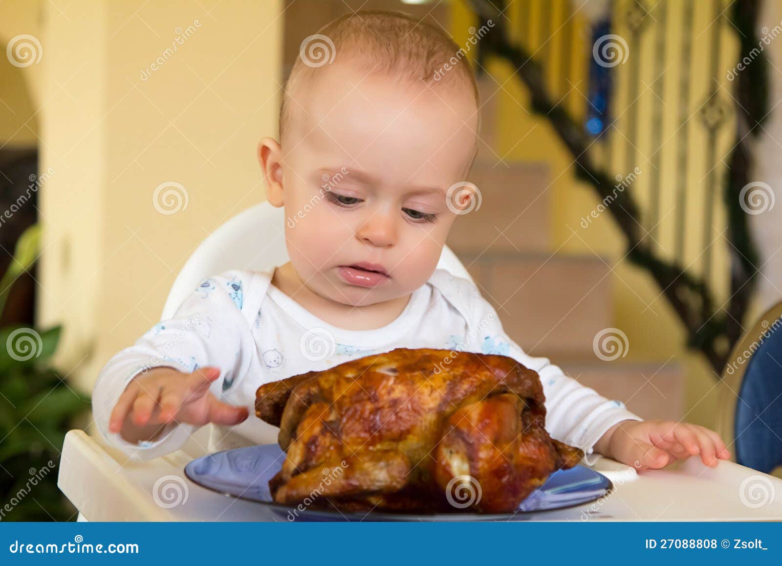 Baby Eating a Big Grilled Chicken Stock Photo - Image of year, dinner ...