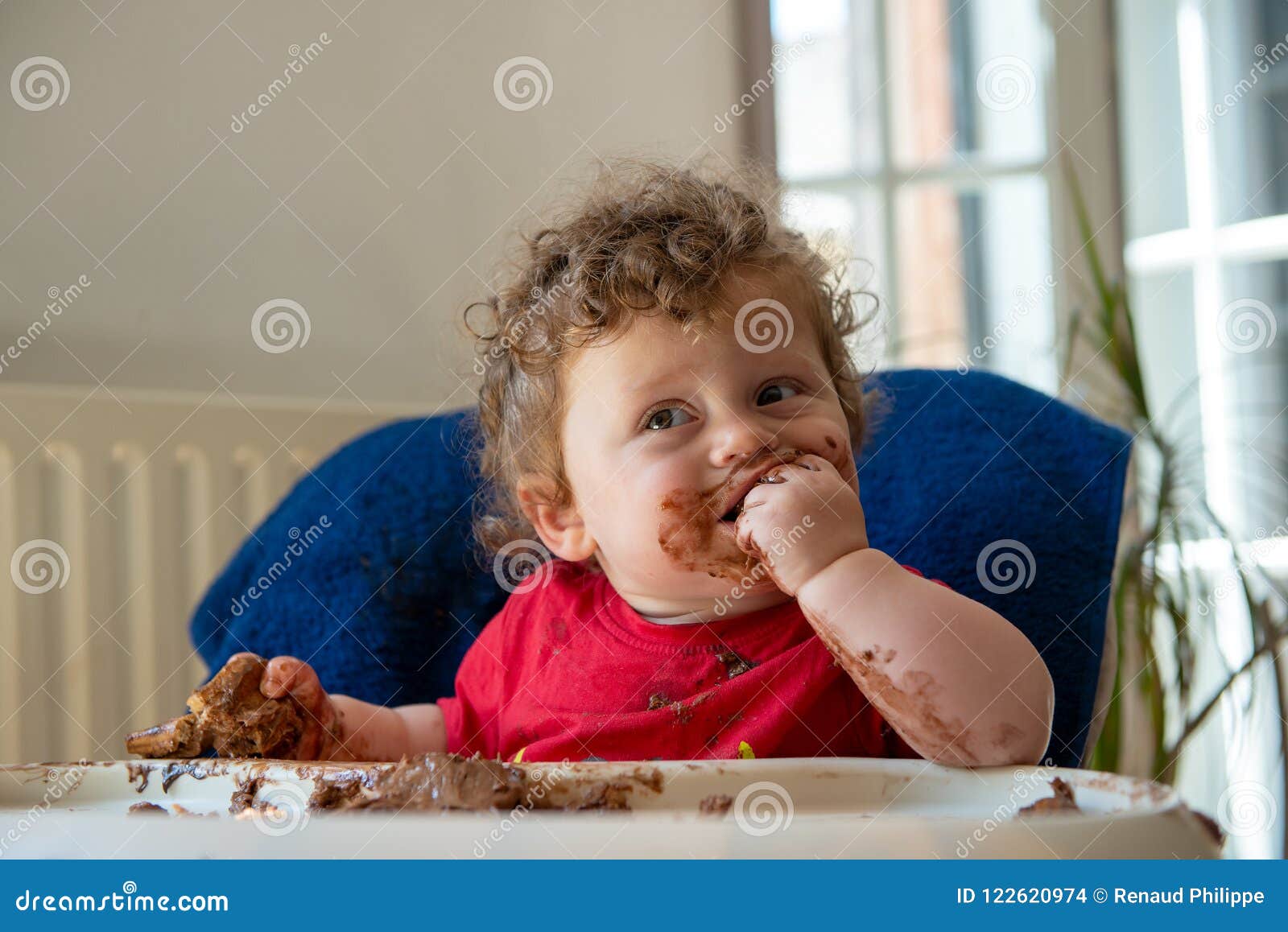 Baby is Eating a Chocolate Cake Stock Photo - Image of face, food ...