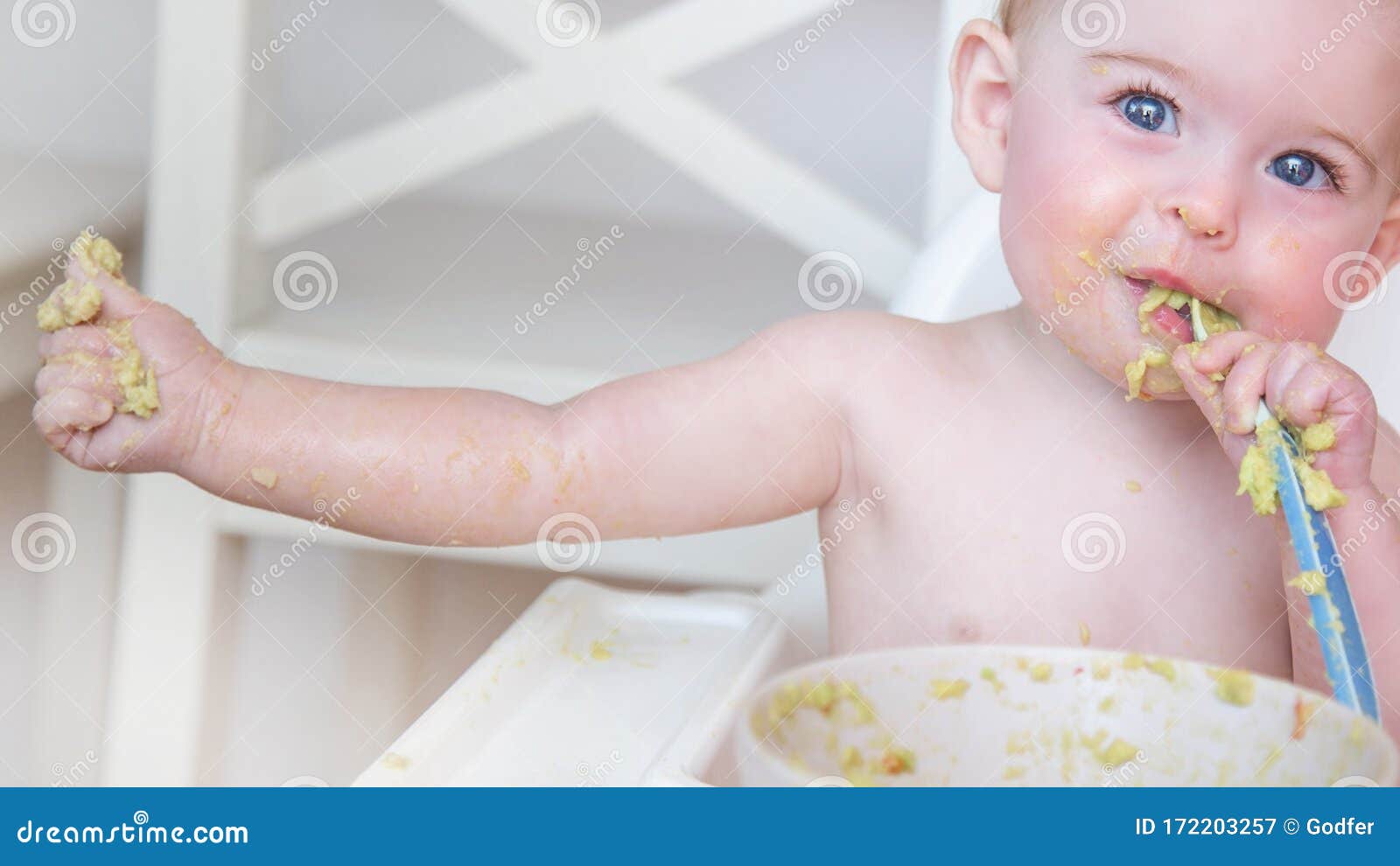 Baby Eating First Solid Food Stock Image - Image of smiling, vegetables ...