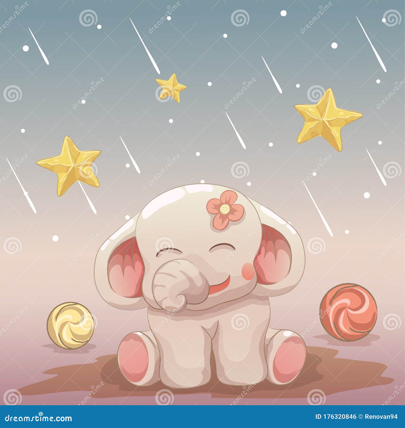 Baby Elephant Happy Looking at the Falling Stars. Vector Hand Drawn ...