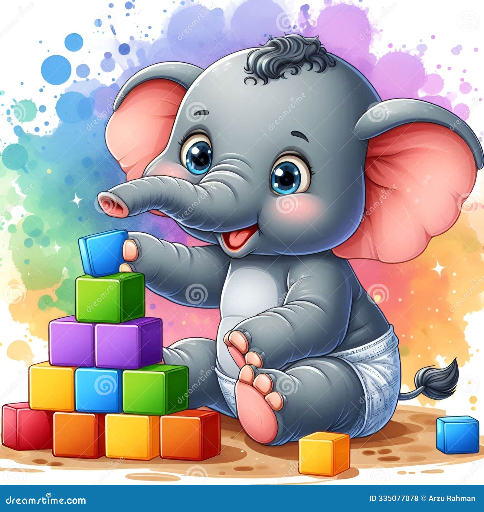 Baby Elephant Playing with Building Blocks, Stacking Them High Stock ...