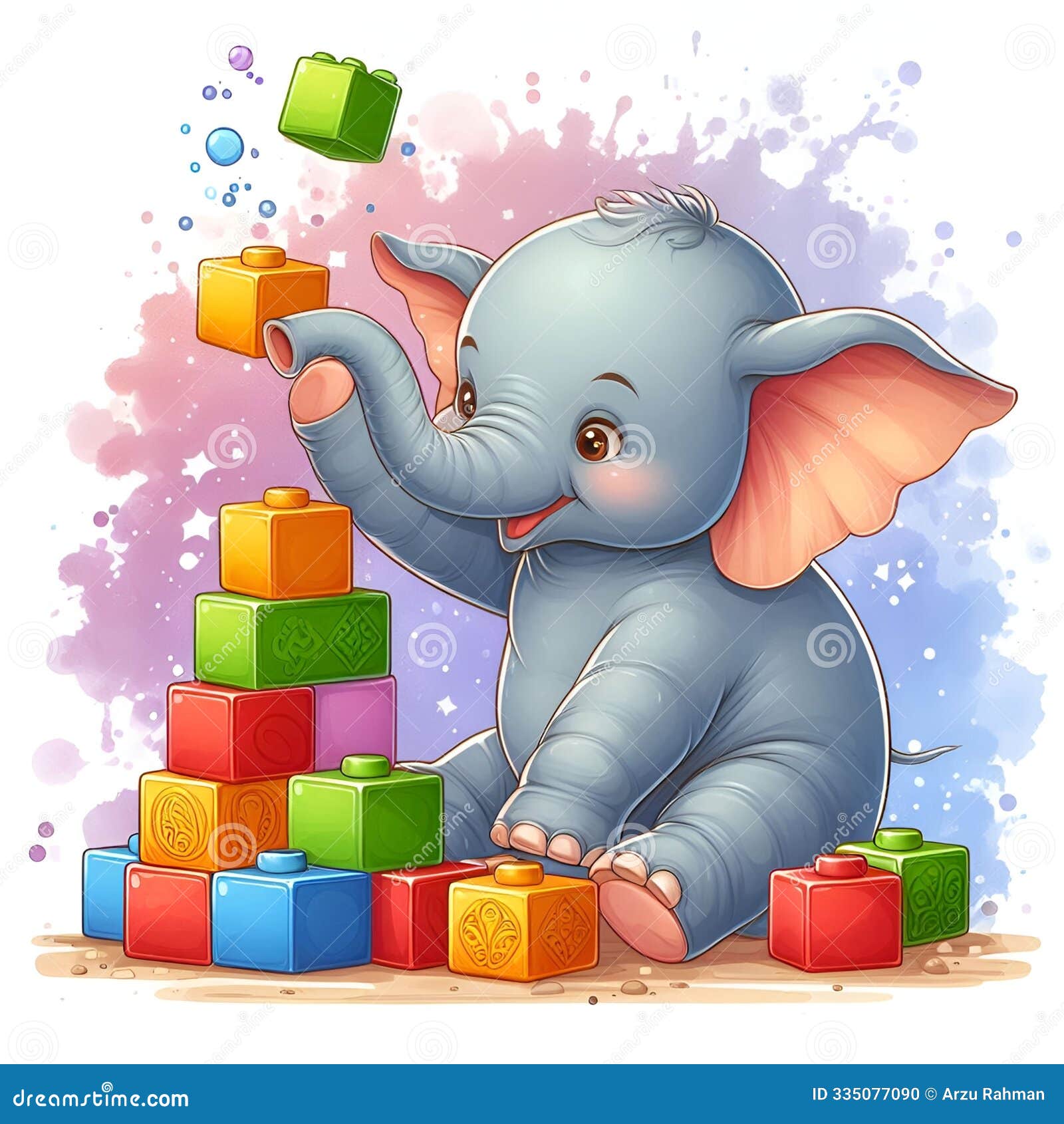 Baby Elephant Playing with Building Blocks, Stacking Them High Stock ...