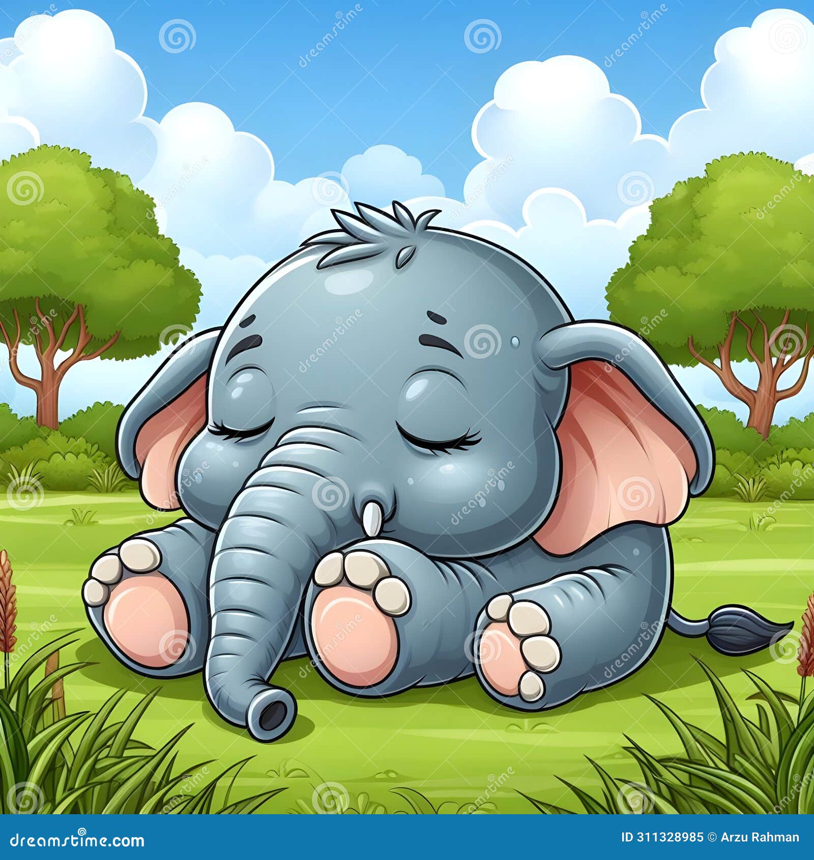 Baby Elephant is Sleeping Above the Grass Stock Illustration ...