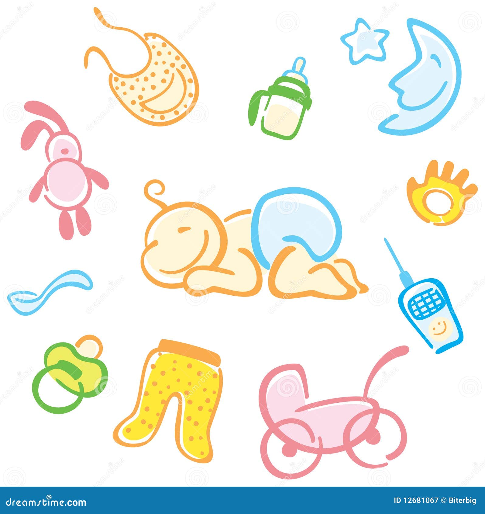 Baby en zijn dingen vector illustratie. Illustration of luier - 12681067
