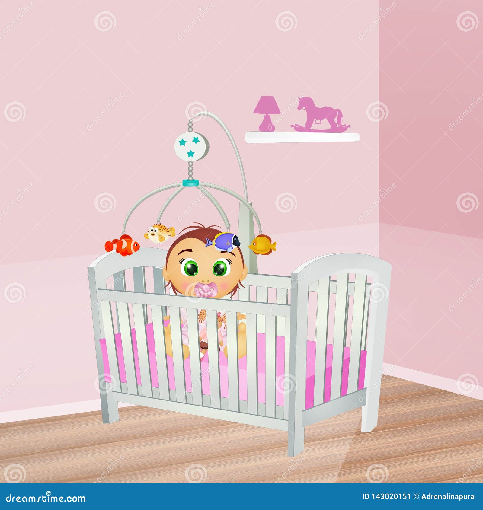 Baby female in the cot stock illustration. Illustration of female ...