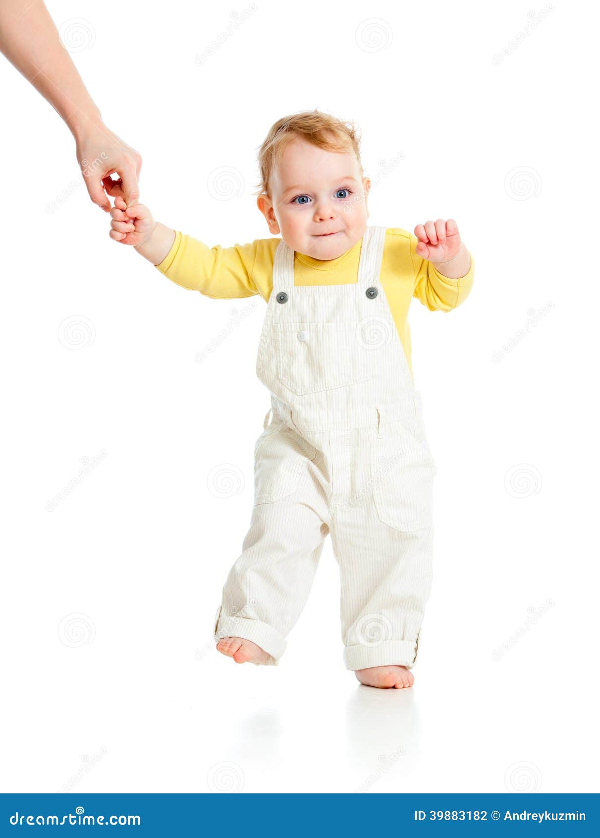 Baby`s First Steps. Small And Large Feet Close-up. Teach Your Child To ...