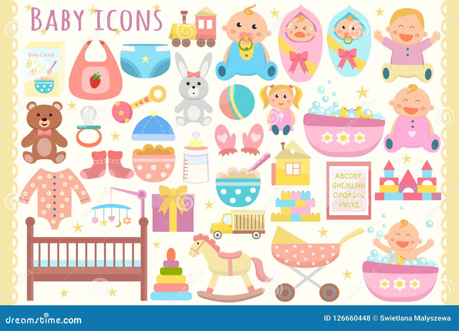 Baby flat icons set. stock illustration. Illustration of crib - 126660448